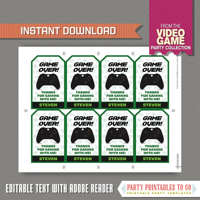 Video Game Favor Tag / Video Game Thank You Tag - (green) INSTANT ...