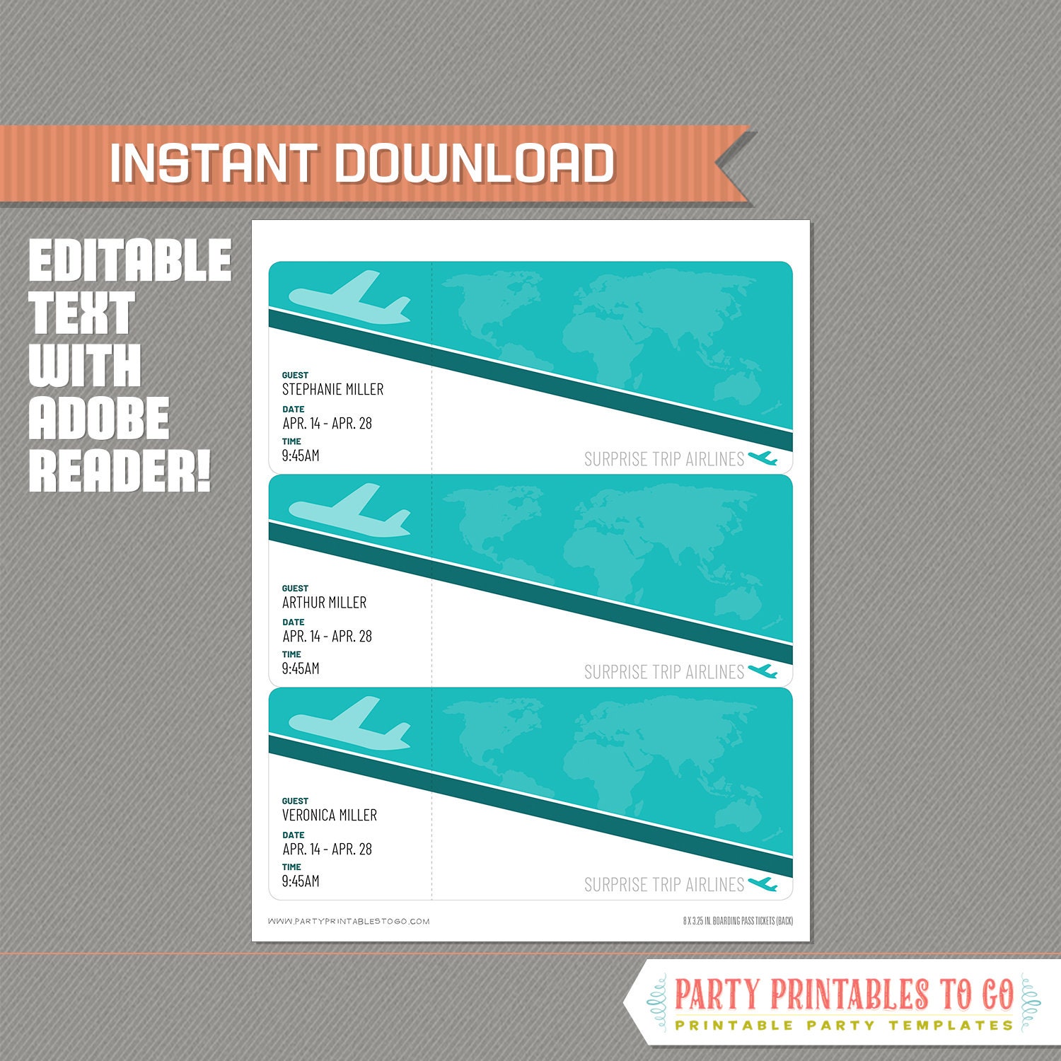 Editable Airplane Boarding Pass teal Surprise Trip Airline - Etsy