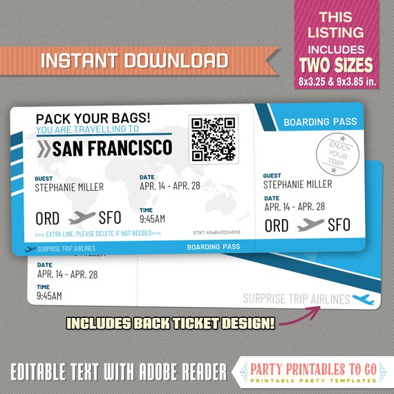 Editable Airplane Boarding Pass (Blue) Surprise Trip Airline Ticket ...