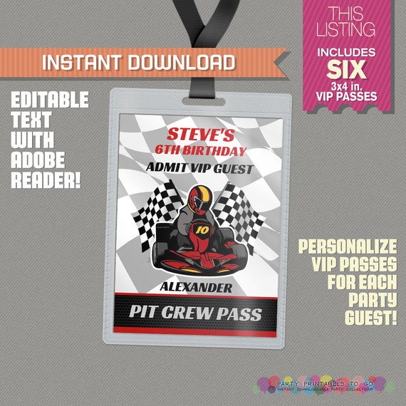 Go Kart Party Pit Crew Pass printable Insert - Go Kart Birthday, Go ...