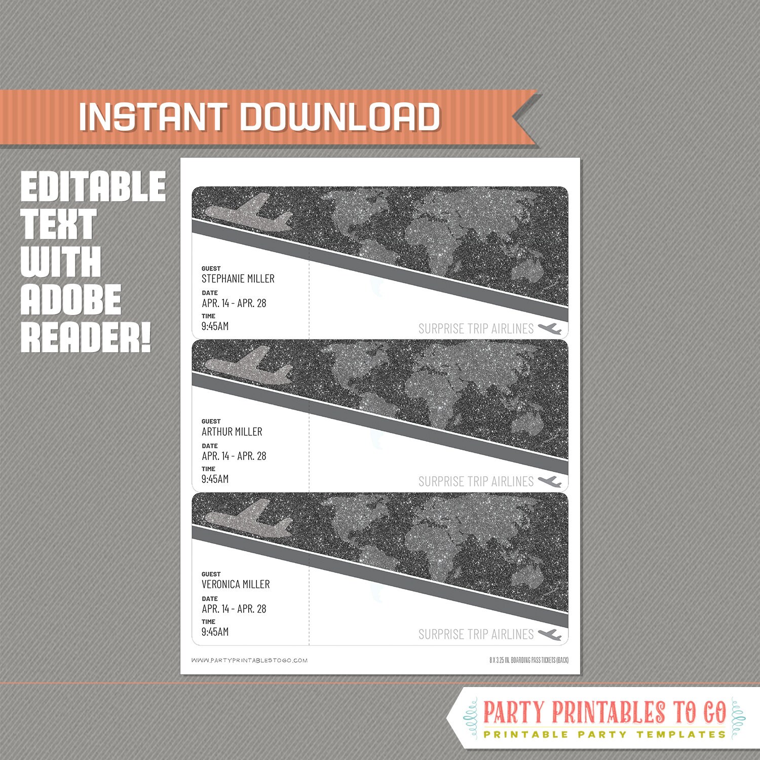 Editable Airplane Boarding Pass glitter Silver Surprise Trip | Etsy