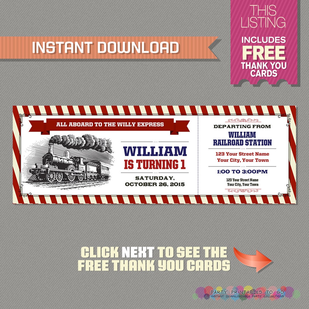 Train Ticket Invitation With FREE Thank You Cards! Train Invitation ...