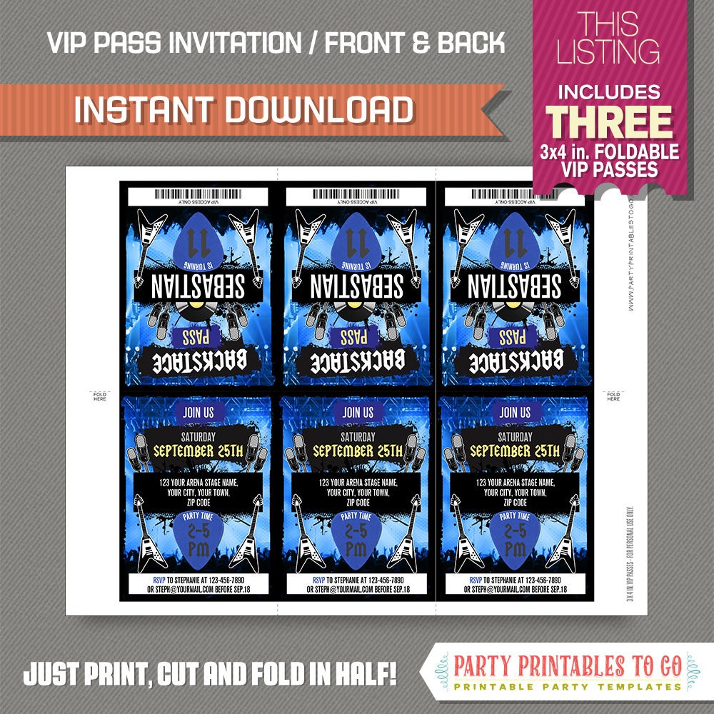 Rockstar Birthday Party VIP Pass Invitations blue INSTANT - Etsy