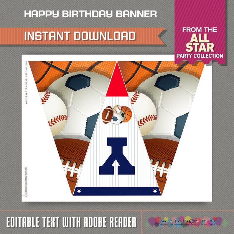 Sports Party Printable Birthday Banner With Spacers INSTANT - Etsy