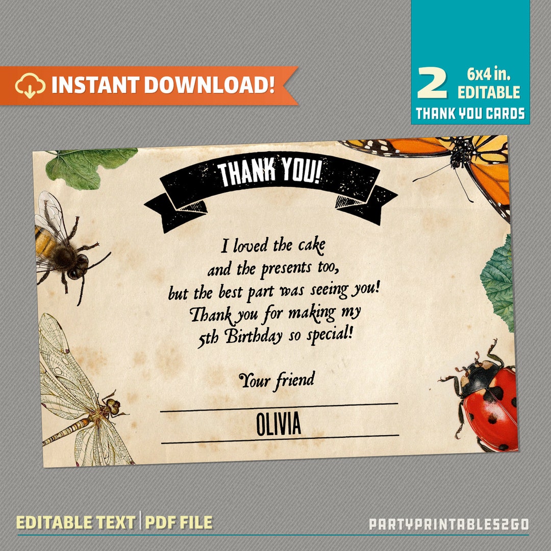Bug Party Thank You Card - INSTANT DOWNLOAD! Bug Birthday - Bug Party ...