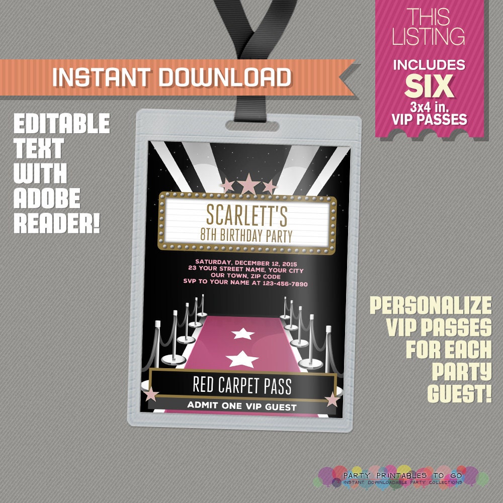 Red Carpet Party Pass Printable Insert pink and Gold Red - Etsy