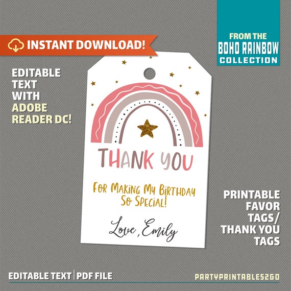 Boho Rainbow Party Favor Tags / Bohemian Rainbow Thank you Tag ...