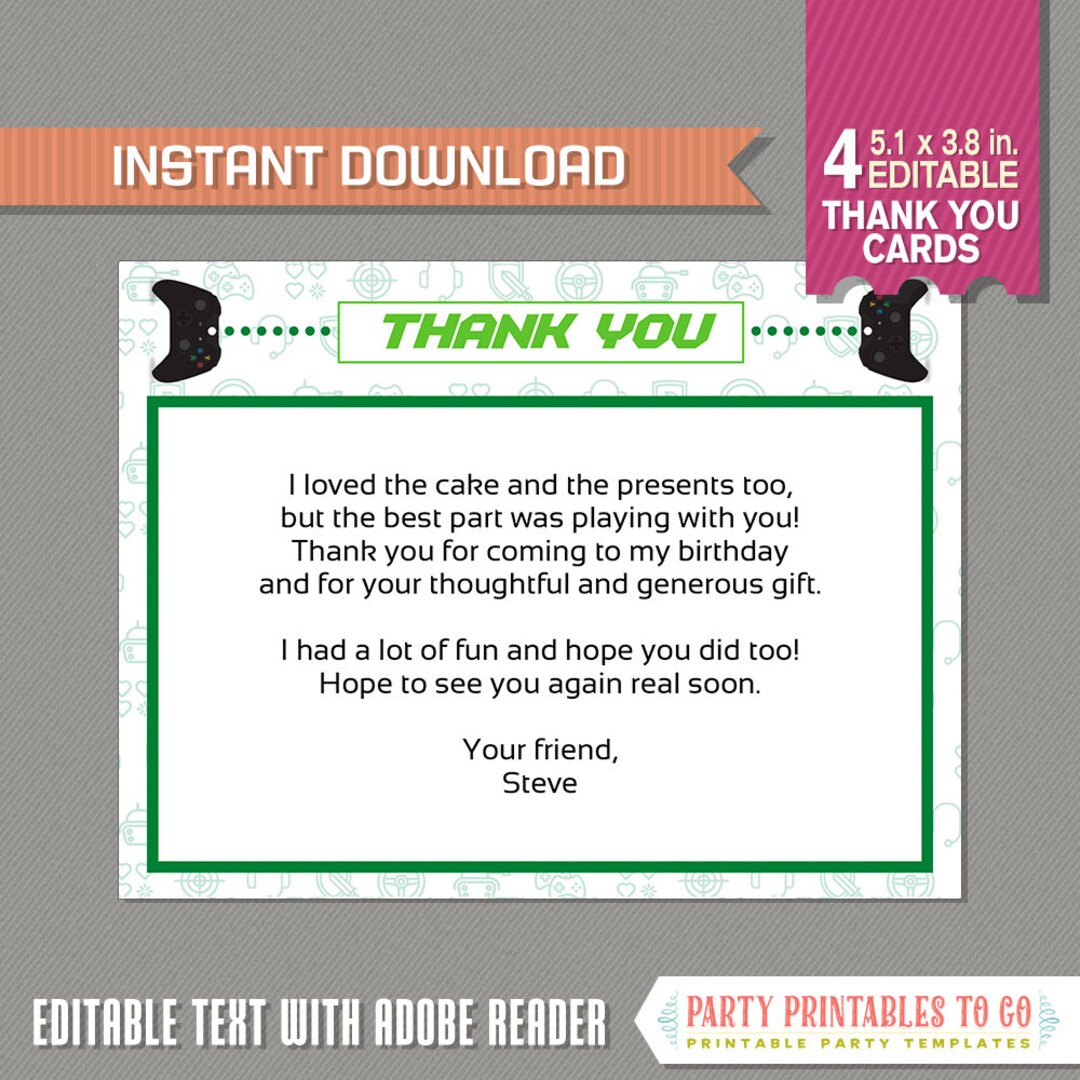 Video Game Party Thank You Cards (green) - Video Game Party Thank You ...