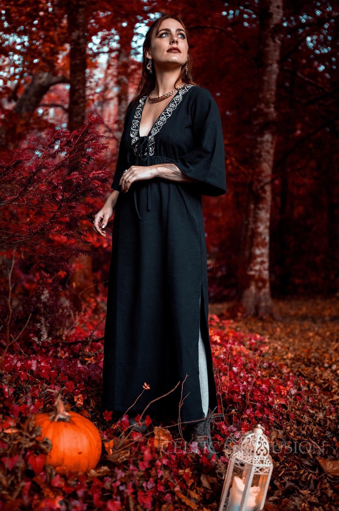 Celtic Embroidered Black Heavy Cotton Goddess Dress | Wicca Gown - Etsy