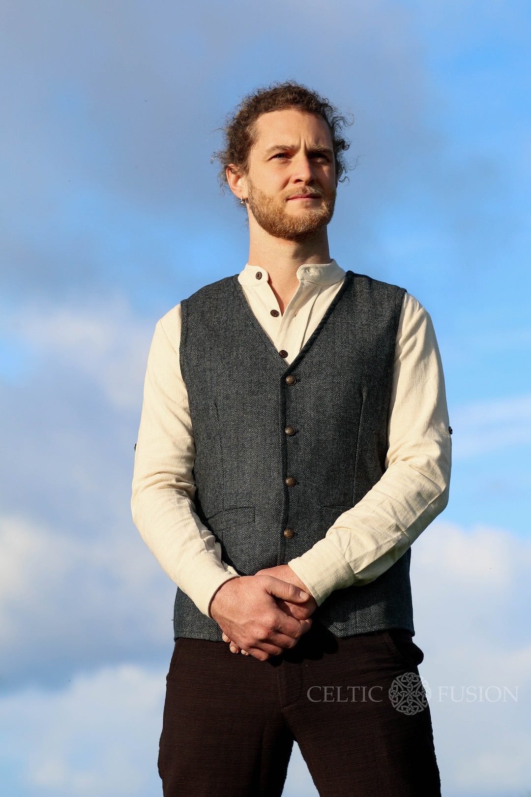 Celtic Shield Waistcoat: Navy Wool Tweed Vest With Brass Buttons - Etsy