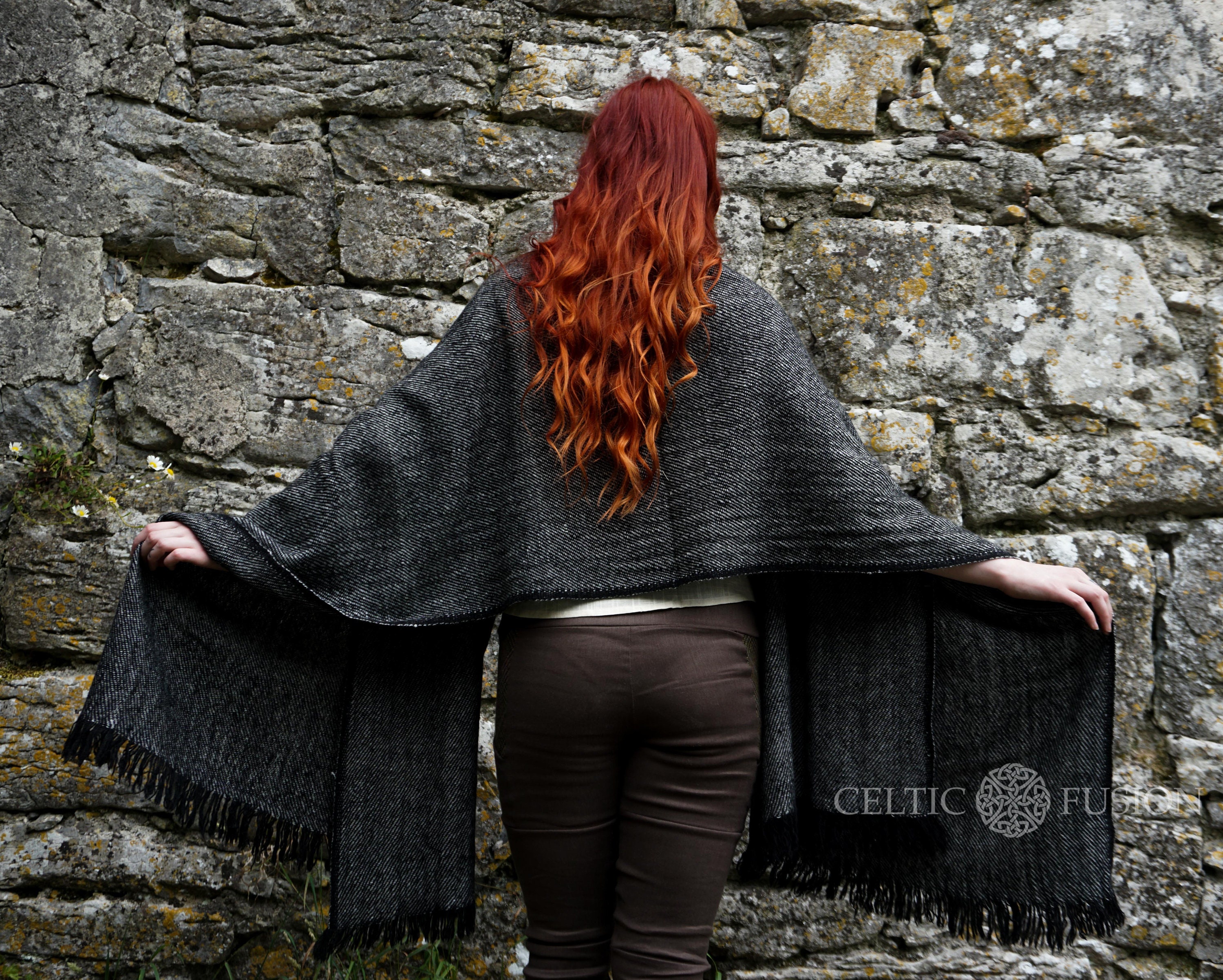 Handwoven Wool Blend Shawl With Wolf Brass Brooch | Rustic Viking ...