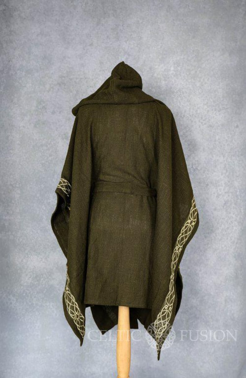 Hooded Druid Cloak: Green Handwoven Cotton Viking Cape With Celtic ...