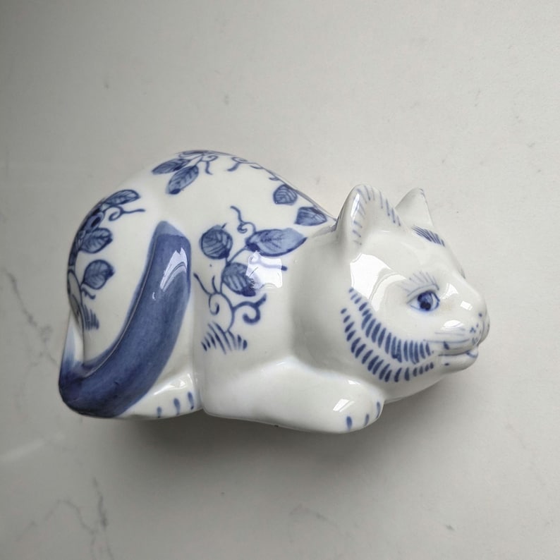 Vintage Blue and White Ceramic Cat Figurine - Delft Style Decorative ...