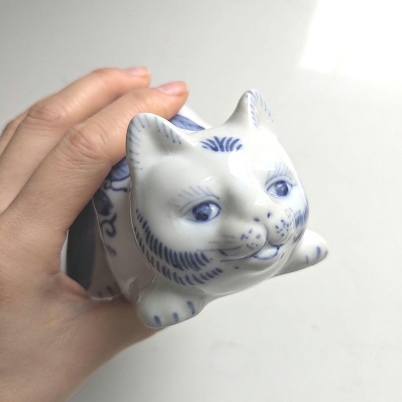 Vintage Blue and White Ceramic Cat Figurine - Delft Style Decorative ...