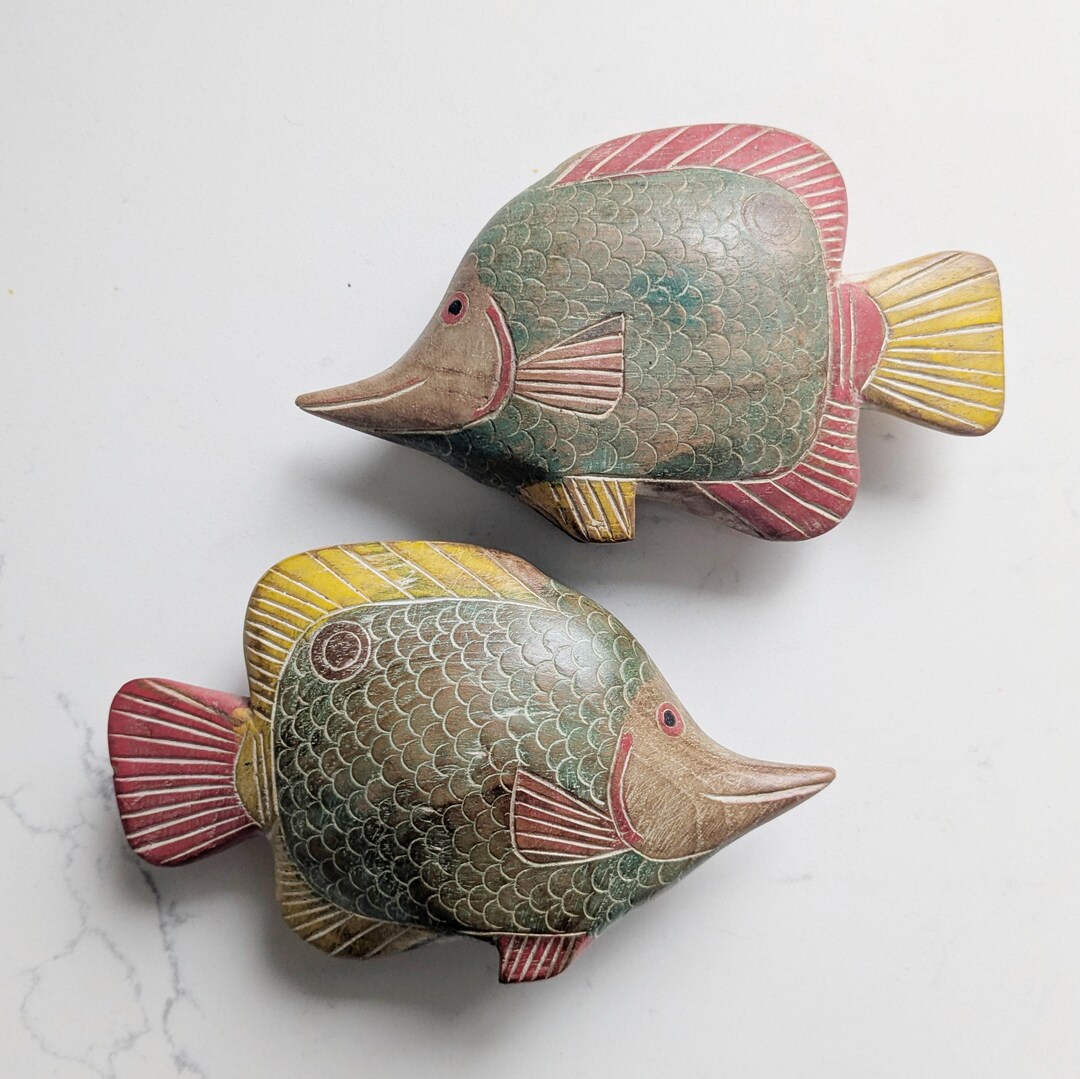 Vintage Hand-painted Wooden Fish Figurines – Set of 2 – Folk Art Style ...