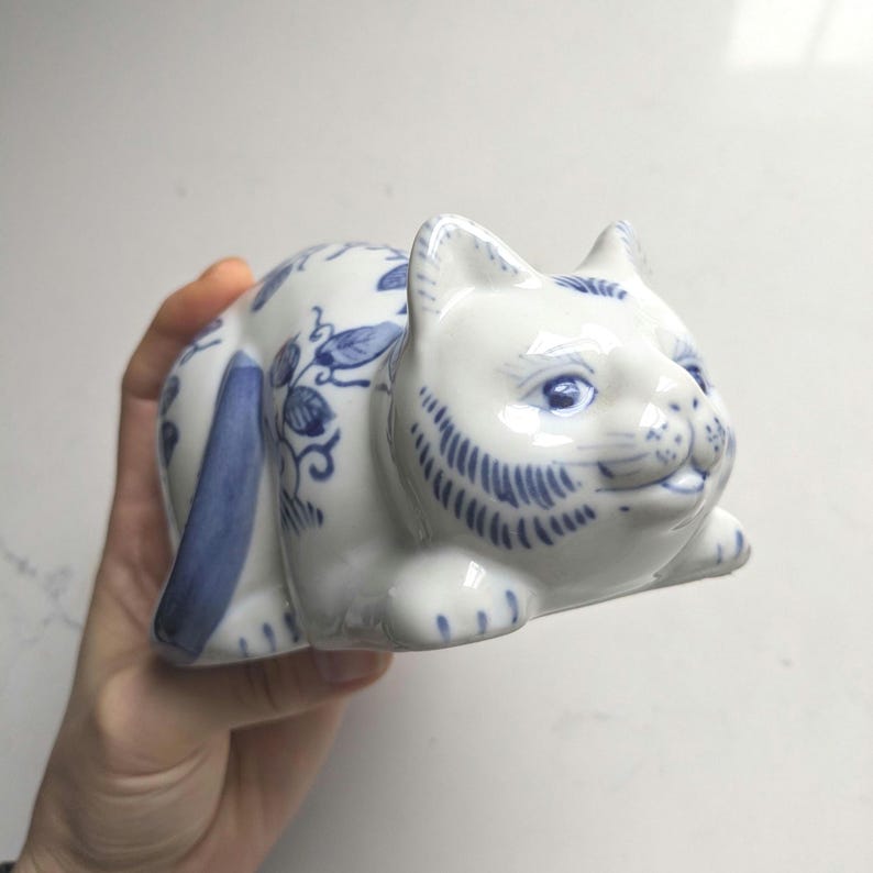 Vintage Blue and White Ceramic Cat Figurine - Delft Style Decorative ...