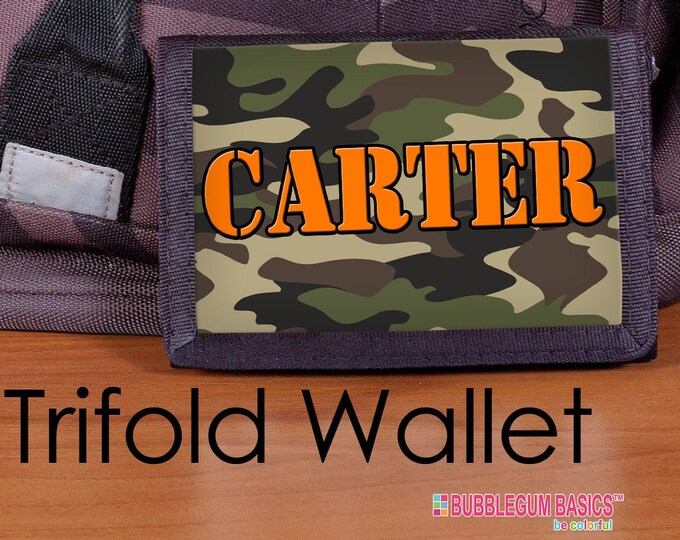 KIDS PERSONALIZED WALLETS Embroidered Nylon Trifold Camo and Sports ...