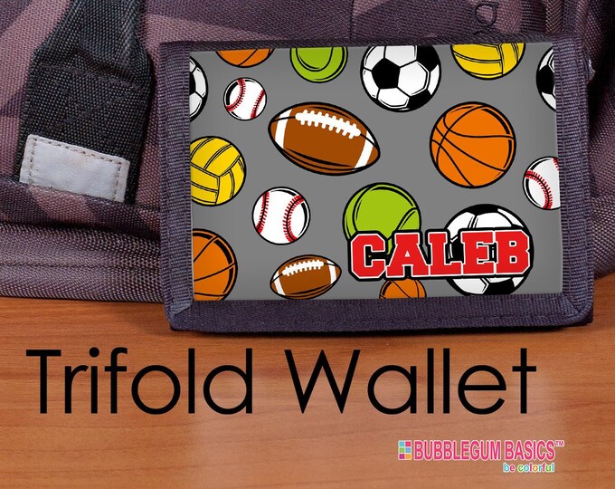 KIDS PERSONALIZED WALLETS Embroidered Nylon Trifold Camo and Sports ...