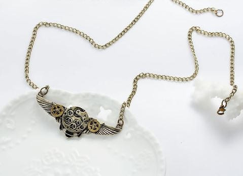 Steampunk Necklace Link Curb Chain Antique Bronze Wing Gear Connector ...