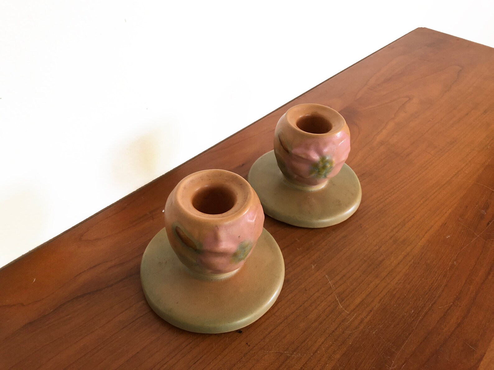 Weller Pottery Peach Wild Rose Candlestick Holder Set of 2 - Etsy