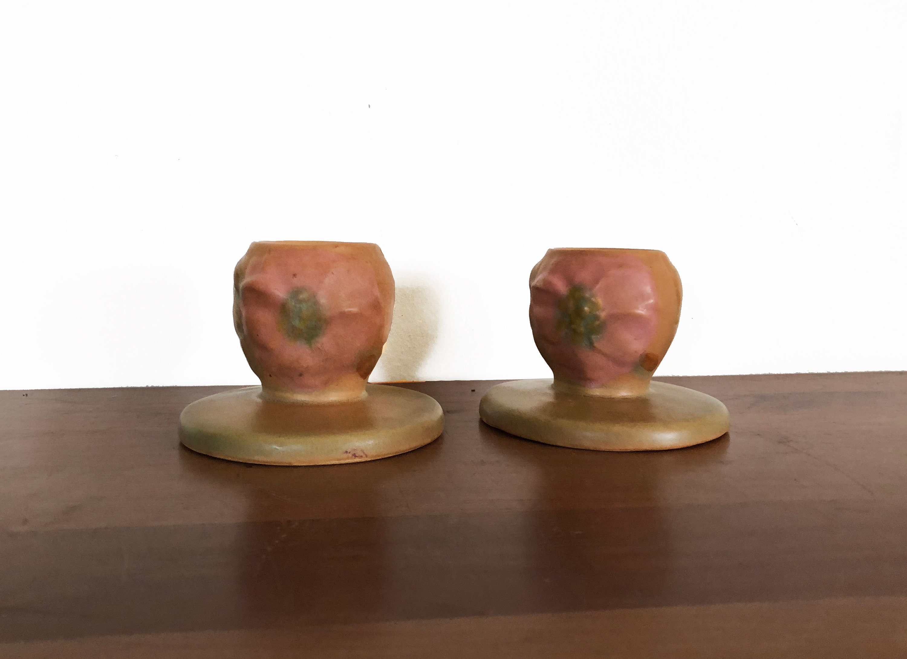 Weller Pottery Peach Wild Rose Candlestick Holder Set of 2 - Etsy