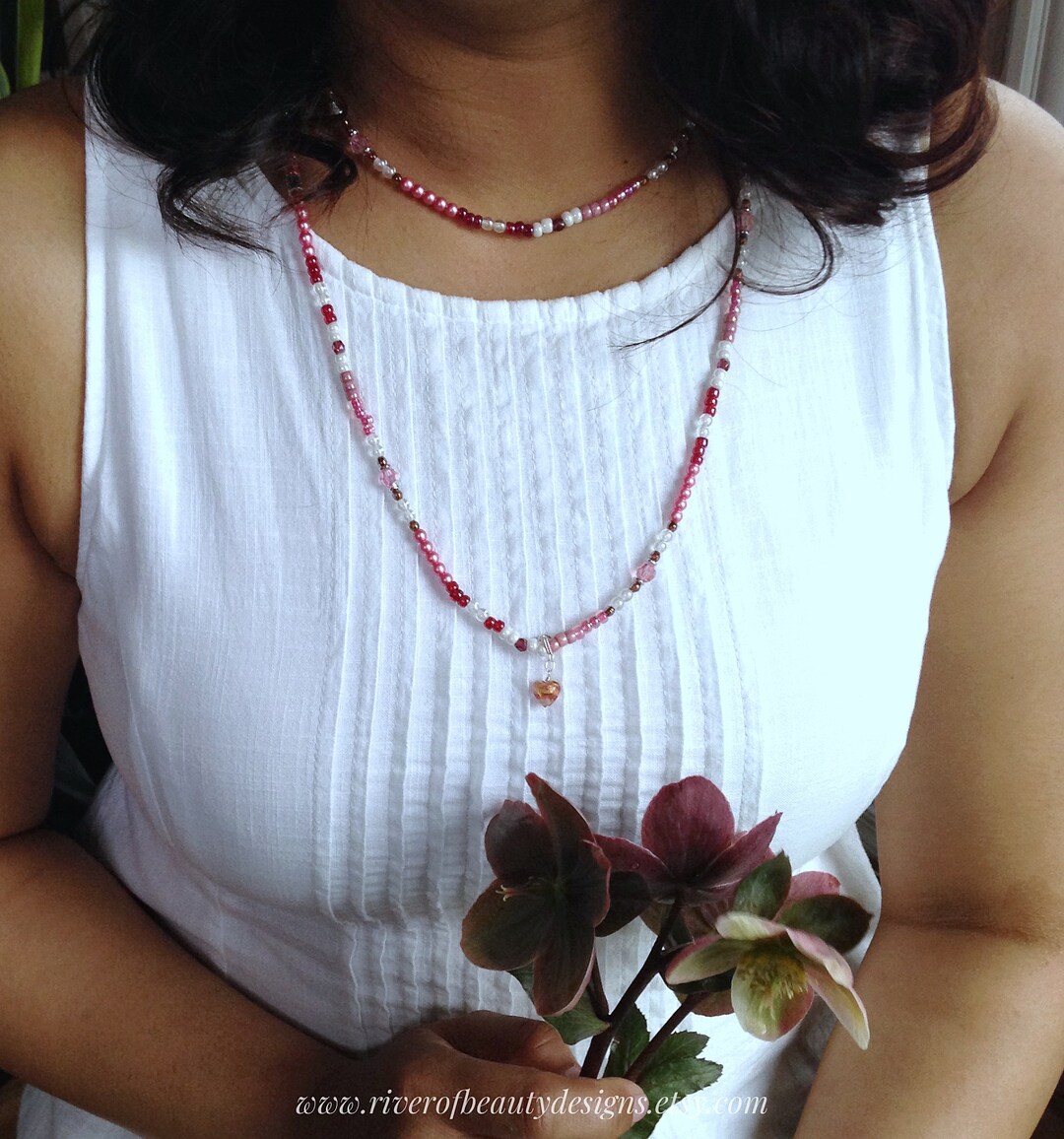 Long Pink Boho Seed Bead Necklace With Murano Glass Heart, Can Be a ...