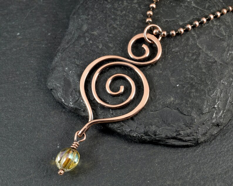Copper Wire Wrap Spiral Necklace With Yellow Glass Bead Teardrop Wire ...
