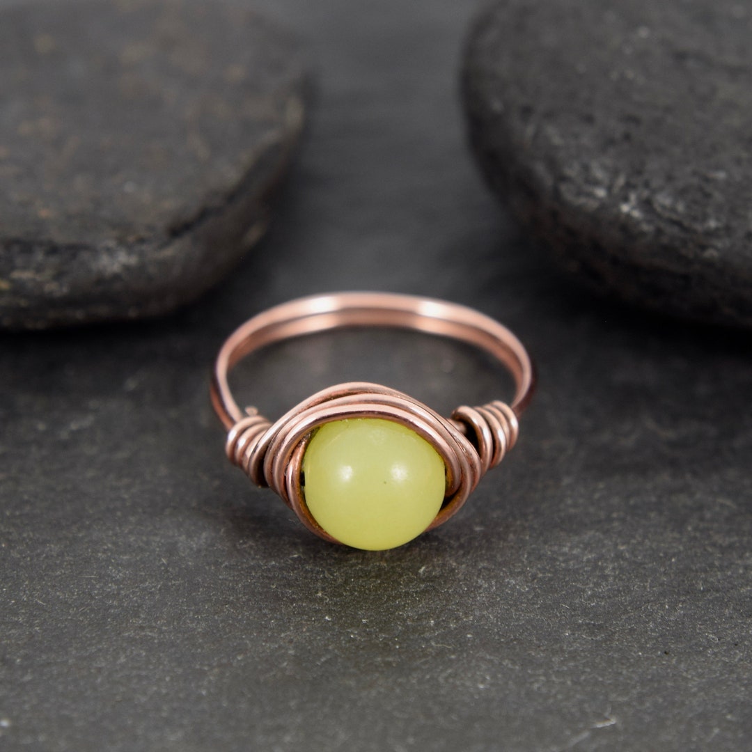 Lemon Jasper Semi Precious Bead Wire Wrapped Ring Beaded Ring Patinated ...