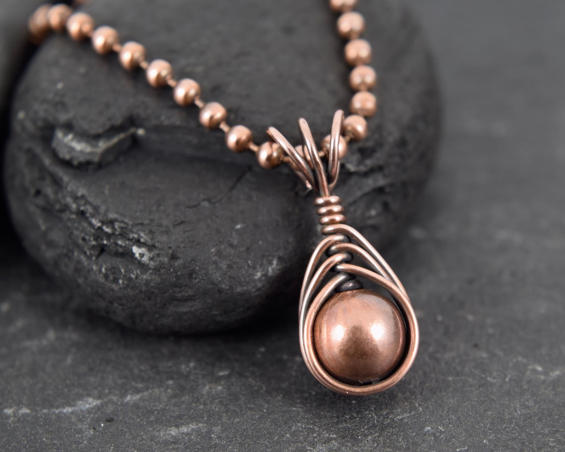 Copper Bead Wire Wrapped Beaded Copper Drop Necklace on a Copper Ball ...