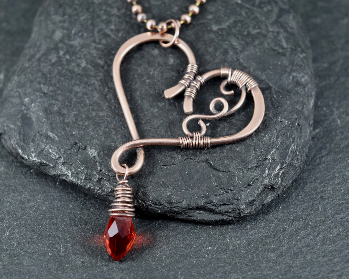 Wire Wrap Copper Heart Necklace Made With Red Teardrop Glass Bead ...