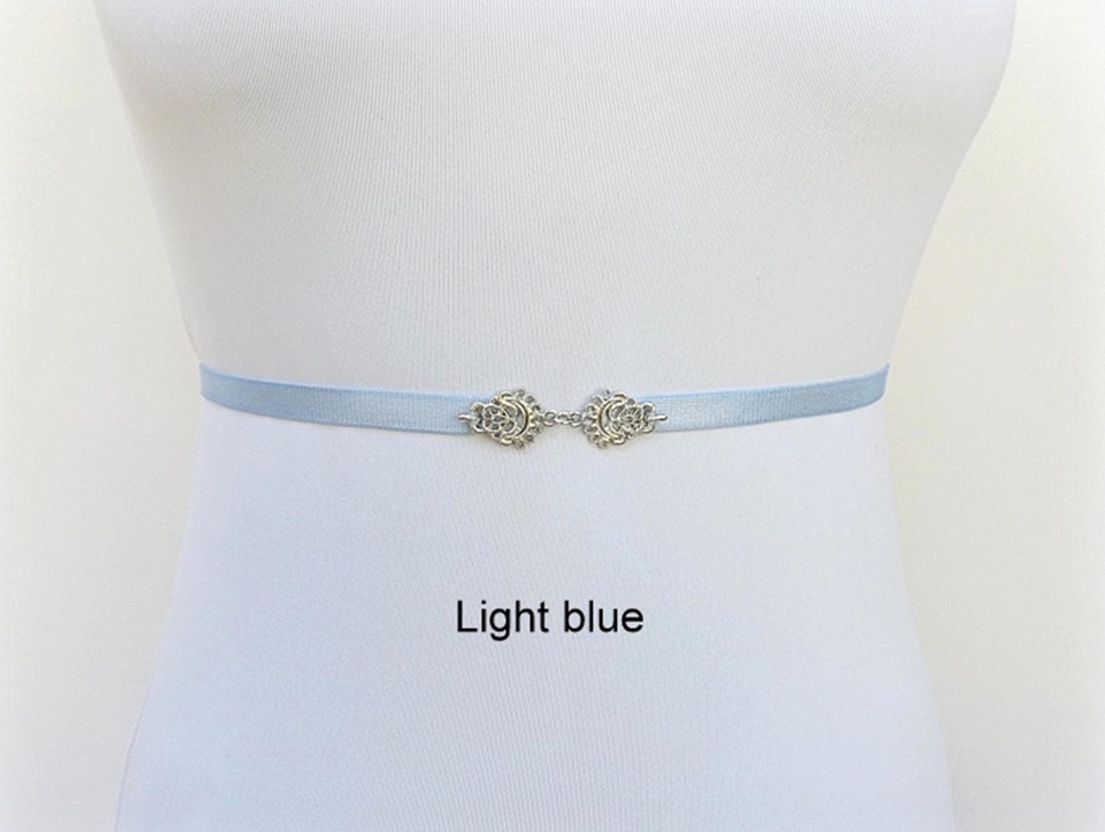 Light Blue Bridal Thin Elastic Waist Belt, Silver Jeweled Wedding Dress ...