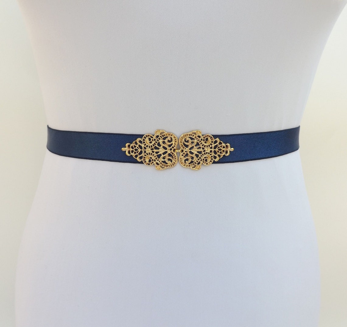 Navy Blue Bridal Elastic Waist Belt, Gold Jeweled Wedding Dress Belt - Etsy