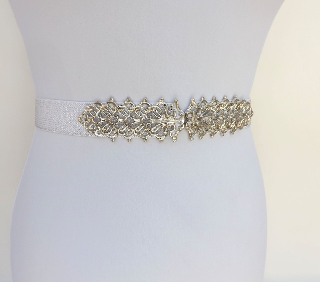 Silver Glitter Bridal Elastic Waist Belt With Silver Filigree Clasp - Etsy