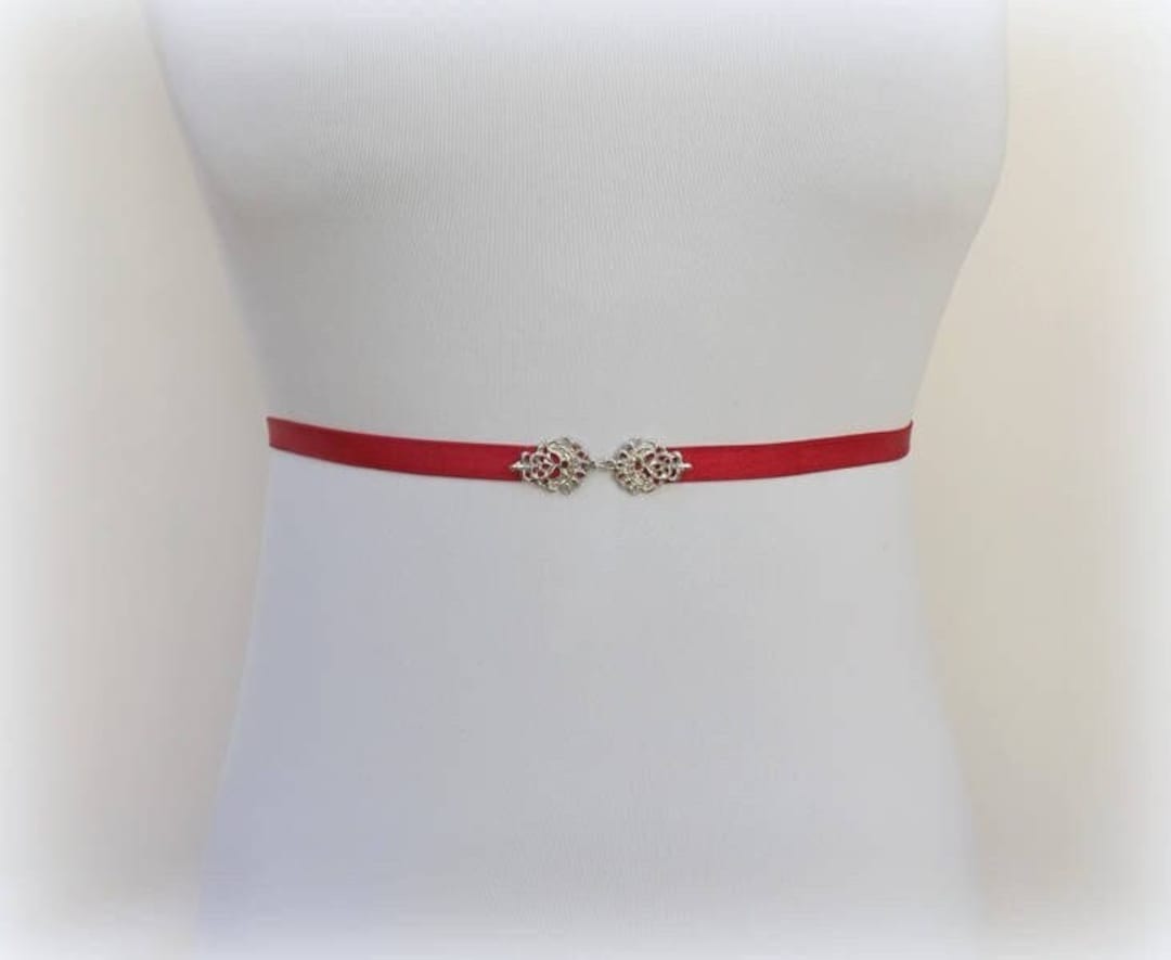 Red Bridal Thin Elastic Waist Belt, Silver Jeweled Wedding Dress Belt ...