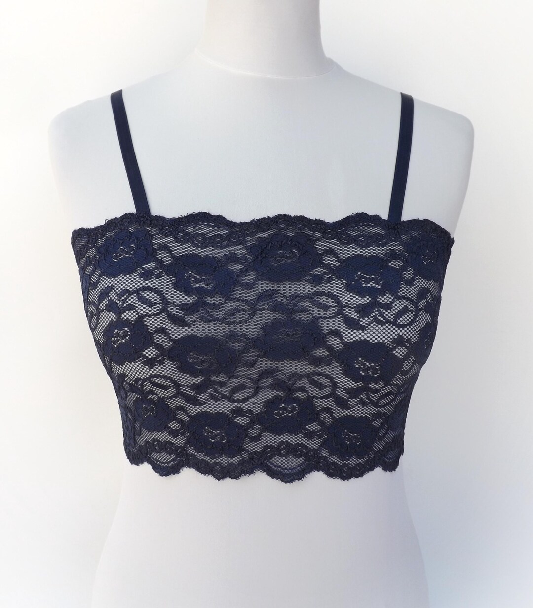 Navy Blue See Through Elastic Lace Bralette With Adjustable Straps ...