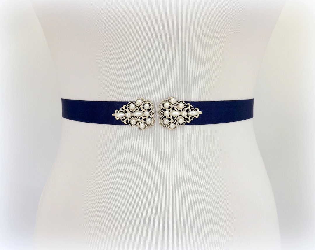 Navy Blue Bridal Elastic Waist Belt, Silver Jeweled Pearly Wedding ...