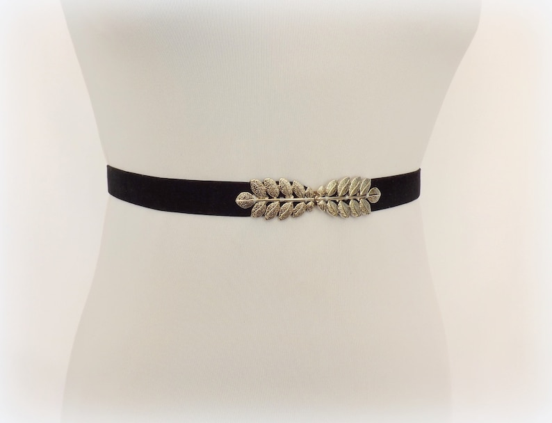 Black elastic velvet waist belt with silver leaf clasp | Etsy