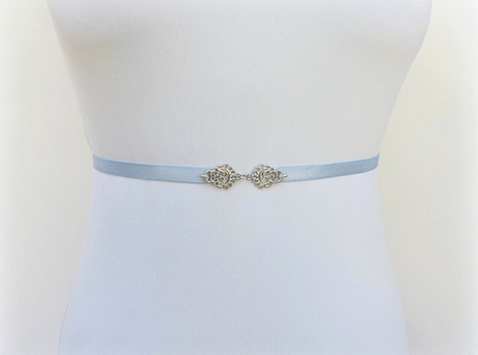 Light Blue Bridal Thin Elastic Waist Belt, Silver Jeweled Wedding Dress ...