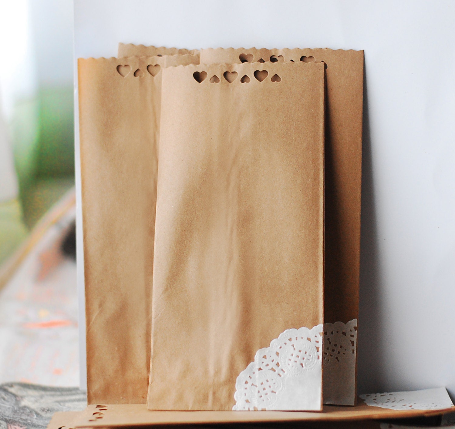 Brown paper gift bag Doily craft paper bags with hearts and | Etsy