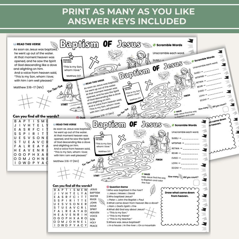 Baptism of Jesus Worksheet for Kids | Bible Activity Placemat | Sunday ...