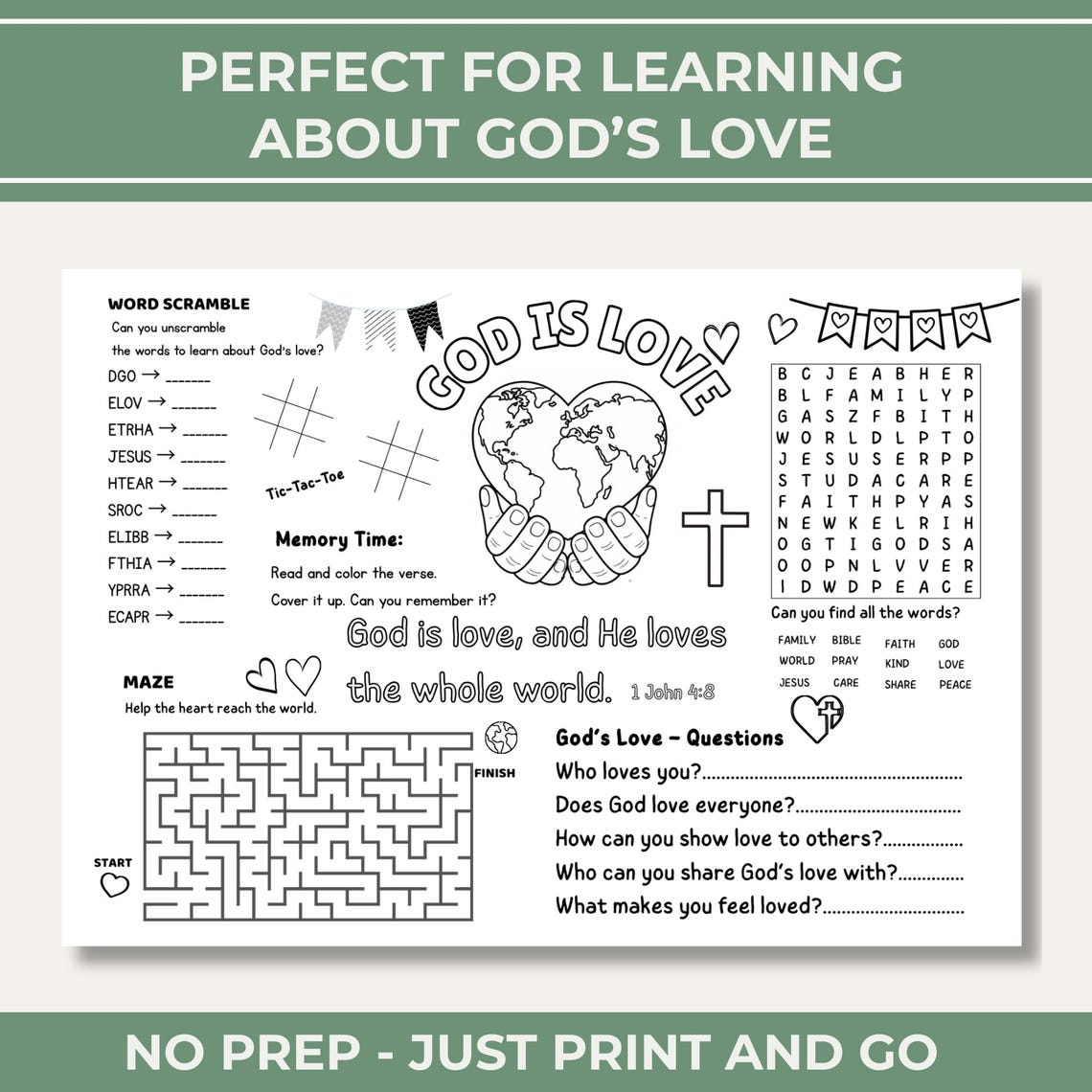 God is Love Bible Activity for Kids Printable Christian Worksheet ...