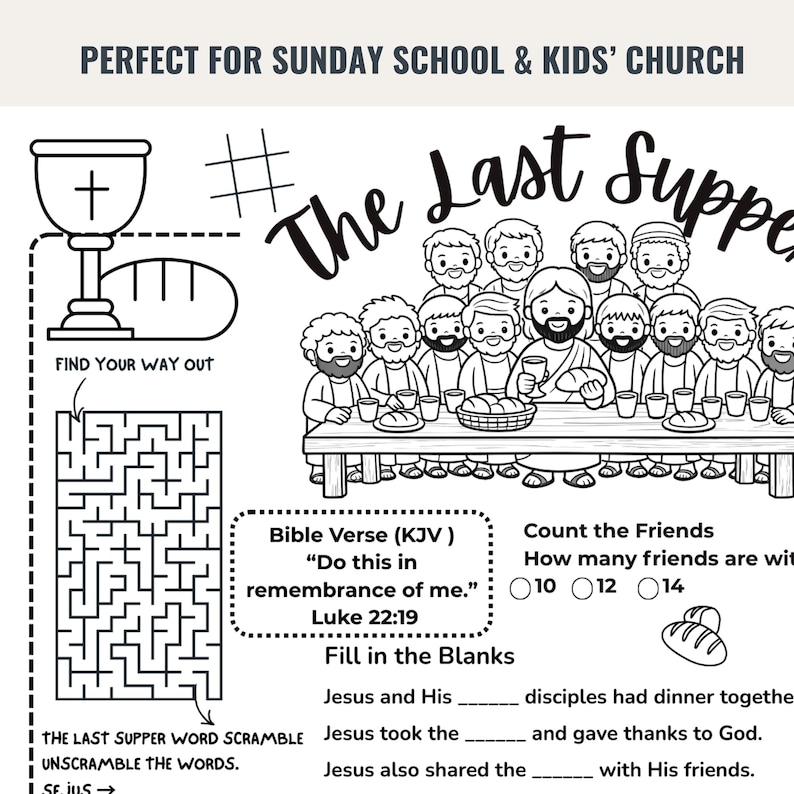 The Last Supper Placemat Printable | Bible Activity Sunday School ...