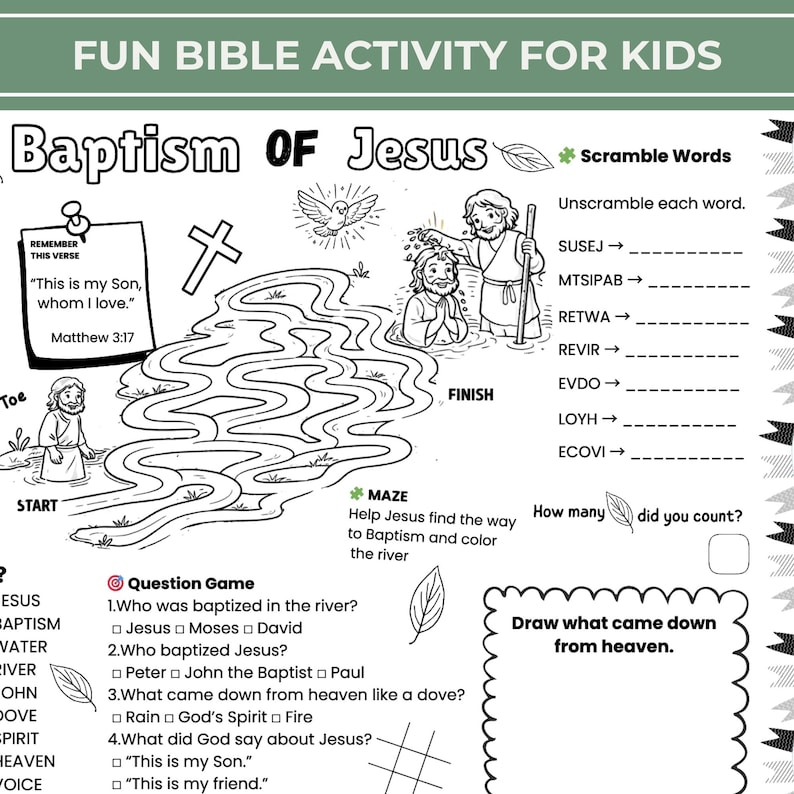 Baptism of Jesus Worksheet for Kids | Bible Activity Placemat | Sunday ...