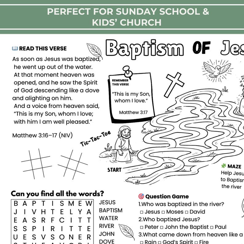 Baptism of Jesus Worksheet for Kids | Bible Activity Placemat | Sunday ...