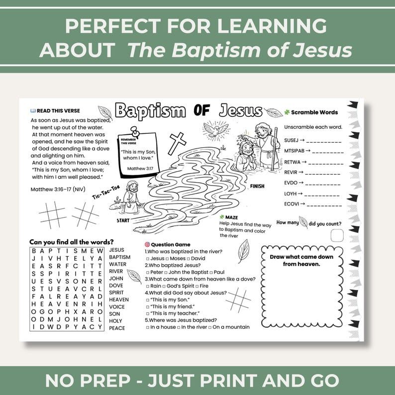 Baptism of Jesus Worksheet for Kids | Bible Activity Placemat | Sunday ...