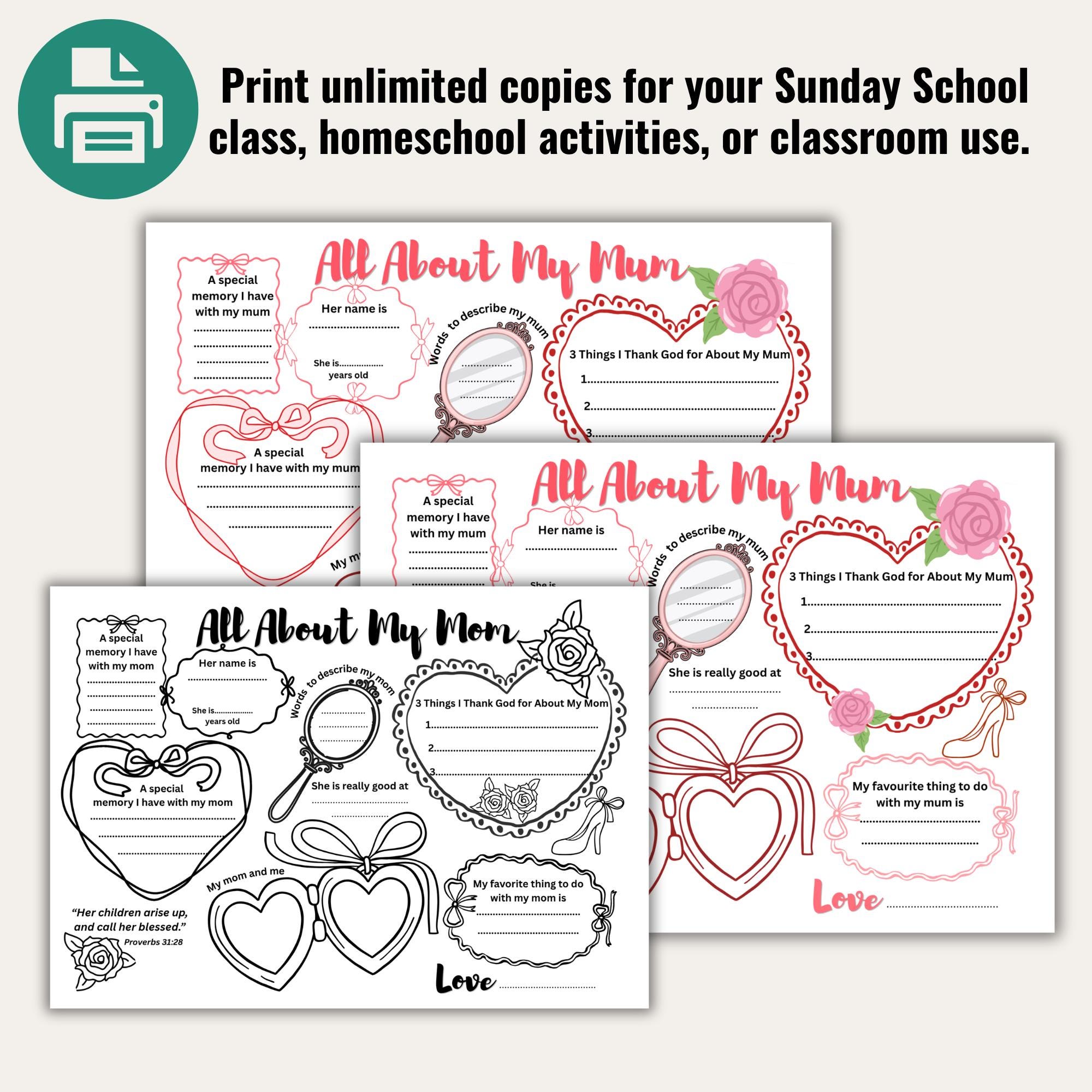 Mothers Day Worksheet All About My Mom Christian Kids Placemat ...