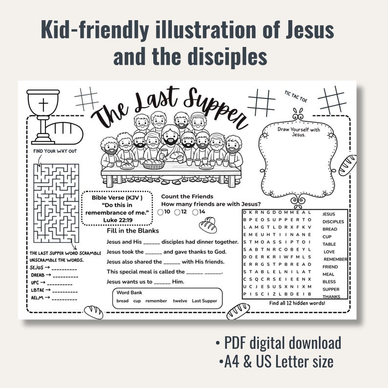 The Last Supper Placemat Printable | Bible Activity Sunday School ...