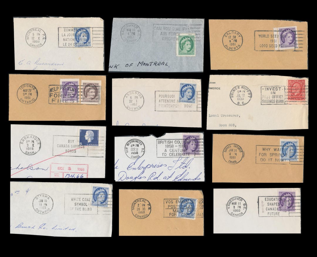Old Canadian Stamps on Paper / Vintage Slogans and Postmarks / 1958 ...