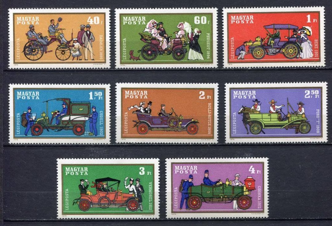 Antique Car Hungarian Postage Stamps / Ford Model T, Peugeot, Rolls ...