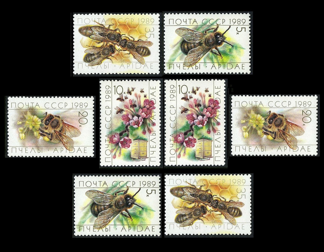 Bumble Bees, Honey Bees, Beehive on 1989 Vintage Russian Postage Stamps ...